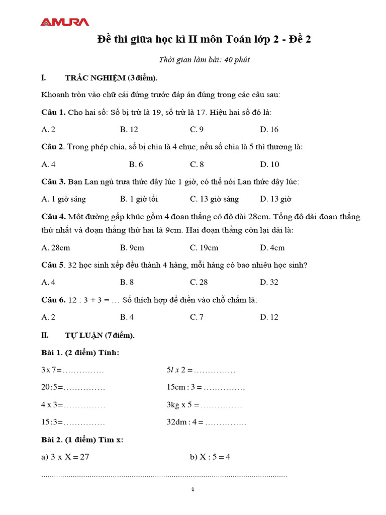 AMURA - de Thi Giua Hoc Ki 2 Mon Toan Lop 2 de 2 | PDF