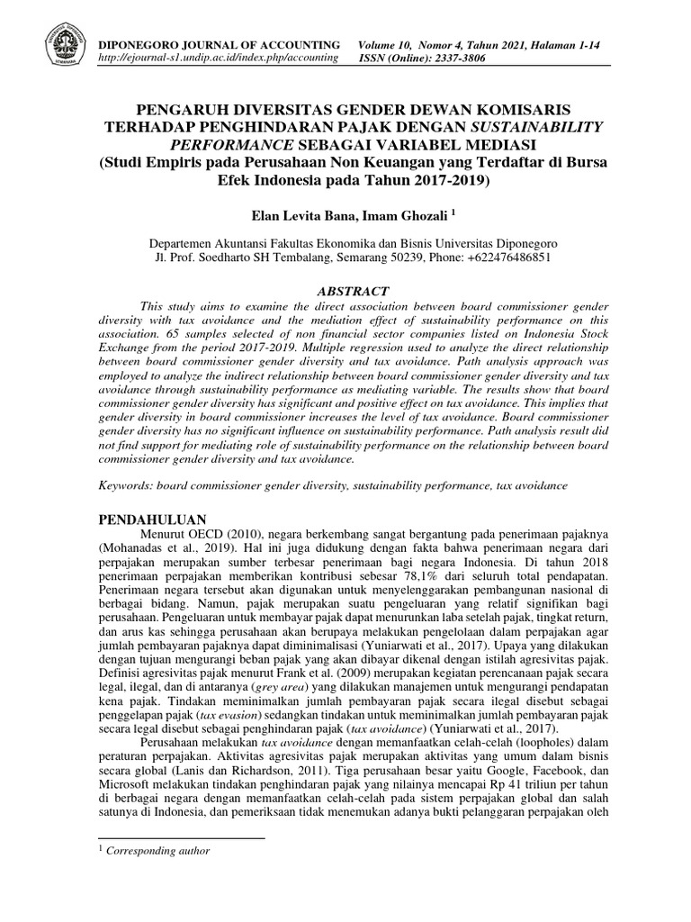 Elan Levita Bana Dan Imam Ghozali - Pengaruh Diversitas Gender Dewan Komisaris THD Penghindaran ...