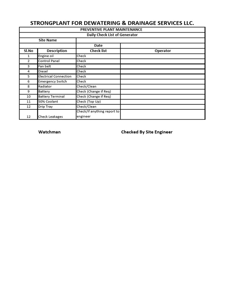 PPM Checklist of Generator - Daily | PDF