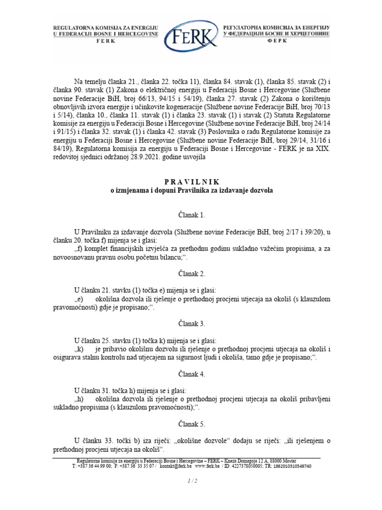 Pravilnik o Izmjenama I Dopunama Pravilnika Novi | PDF