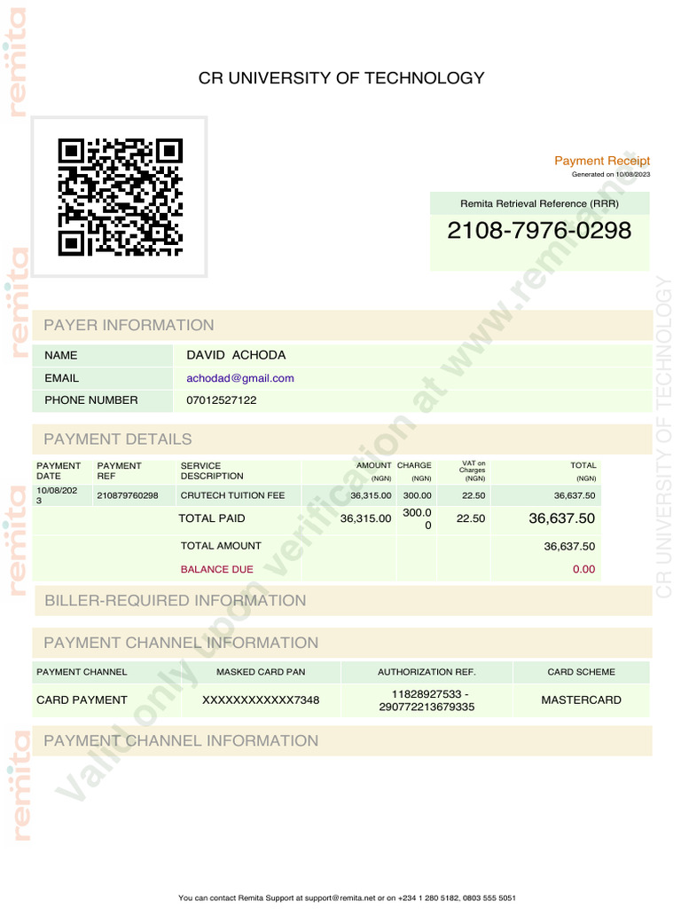 CRUTECH Tuition Fee Payment Receipt | PDF | Payments | Services (Economics)