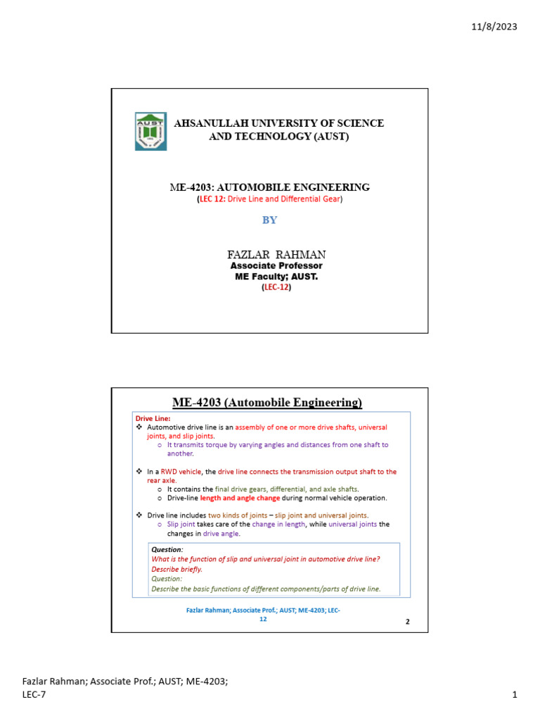 LEC 12 DriveLine Diff Gear | PDF | Four Wheel Drive | Axle