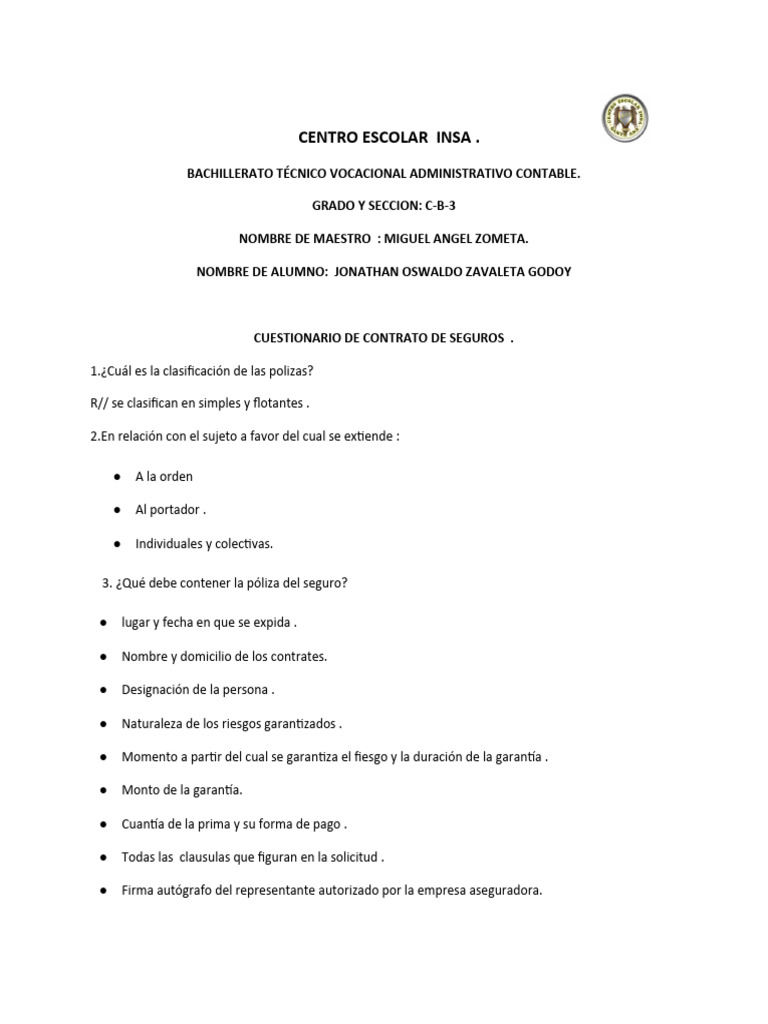 CUESTIONARIO[25] | PDF | Póliza de seguros | Seguro
