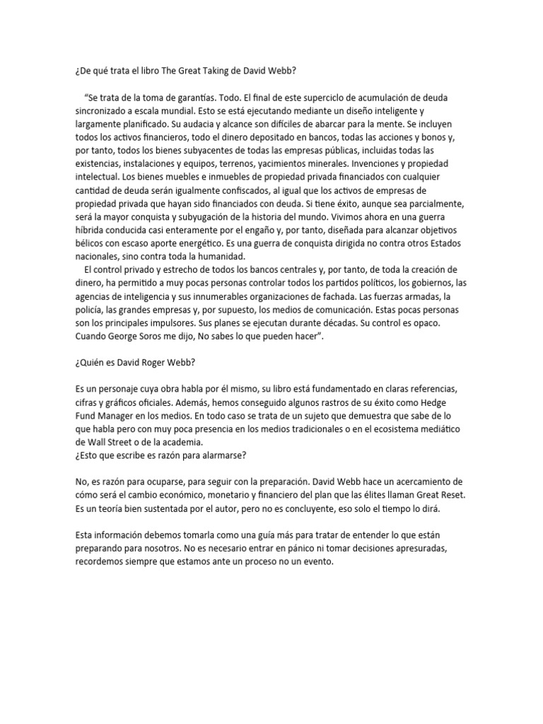 De Qué Trata El Libro the Great Taking de David Webb | PDF | Deuda | Dinero