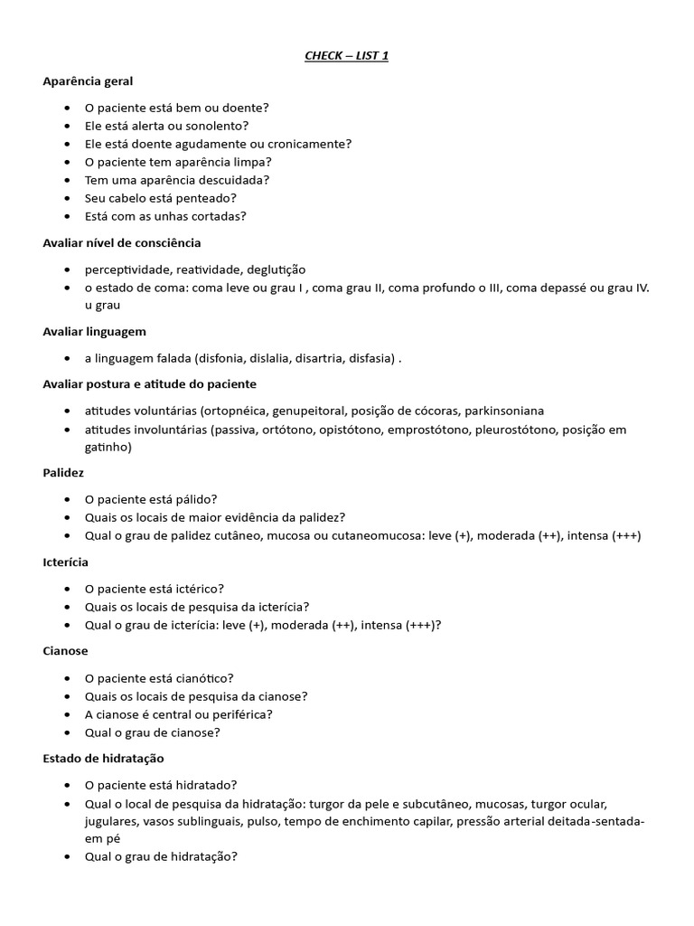 CHECKLIST | Download grátis PDF | Coma | Anatomia humana