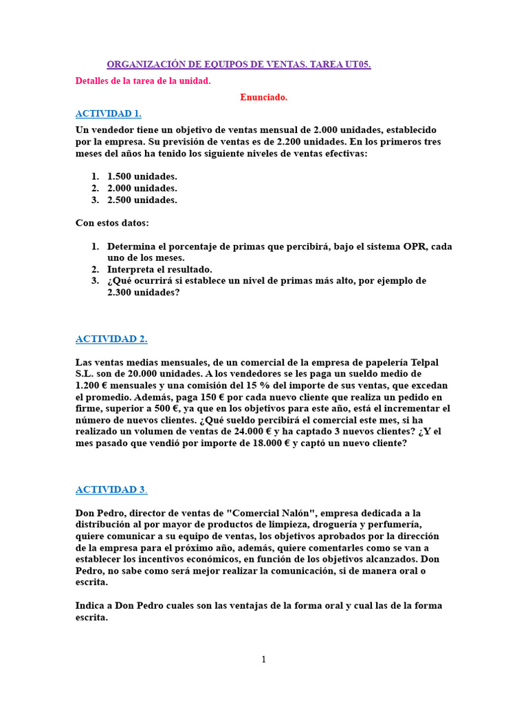 Organización de Equipos de Ventas. Tarea Ut05. | PDF | Business