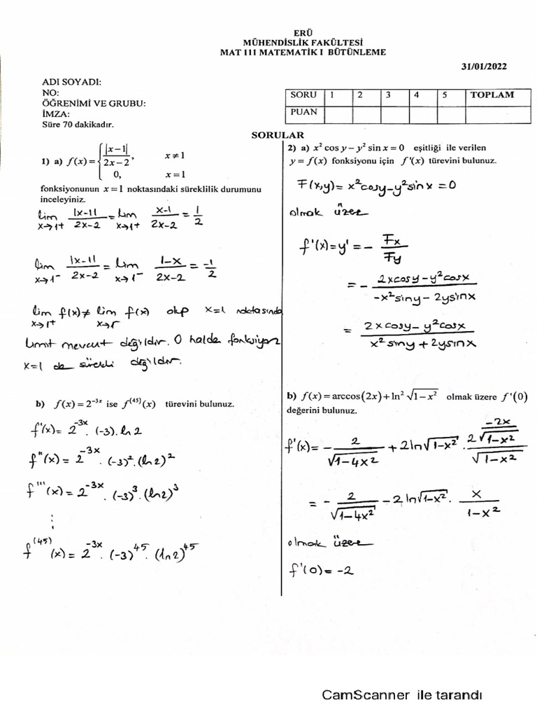 MAT 111 Matematik I Bütünleme Cevap Anahtarı - 231113 - 185718 | PDF