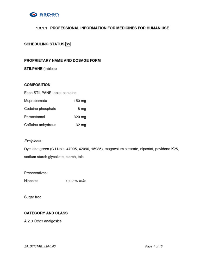 Stilpane Tablets: Composition & Uses | PDF | Caffeine | Drug Overdose