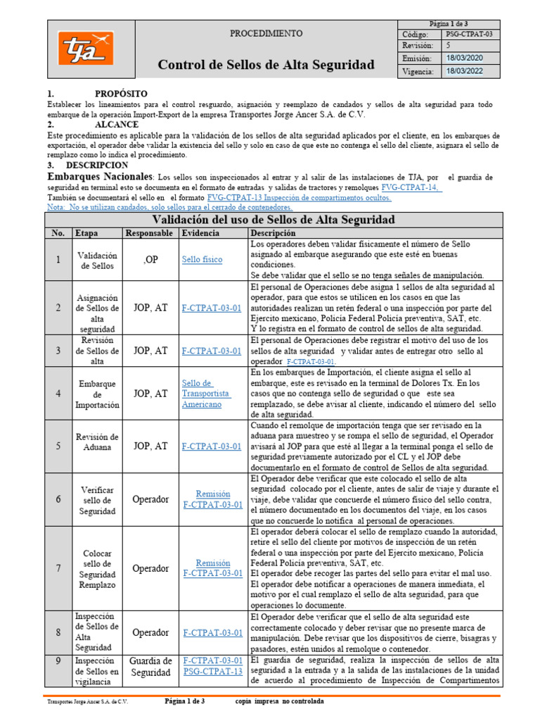 Control de Sellos de Alta Seguridad CTPAT | PDF