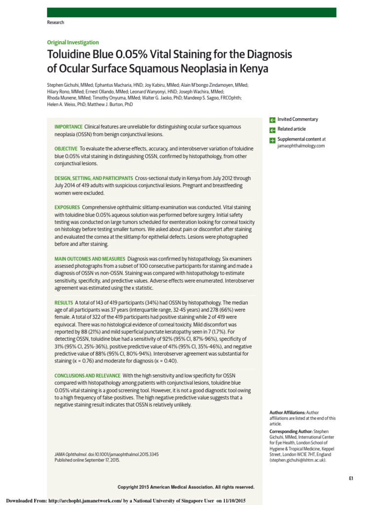 Toluidine Blue 0.05% Vital Staining For The Diagnosis of Ocular Surface Squamous Neoplasia in ...