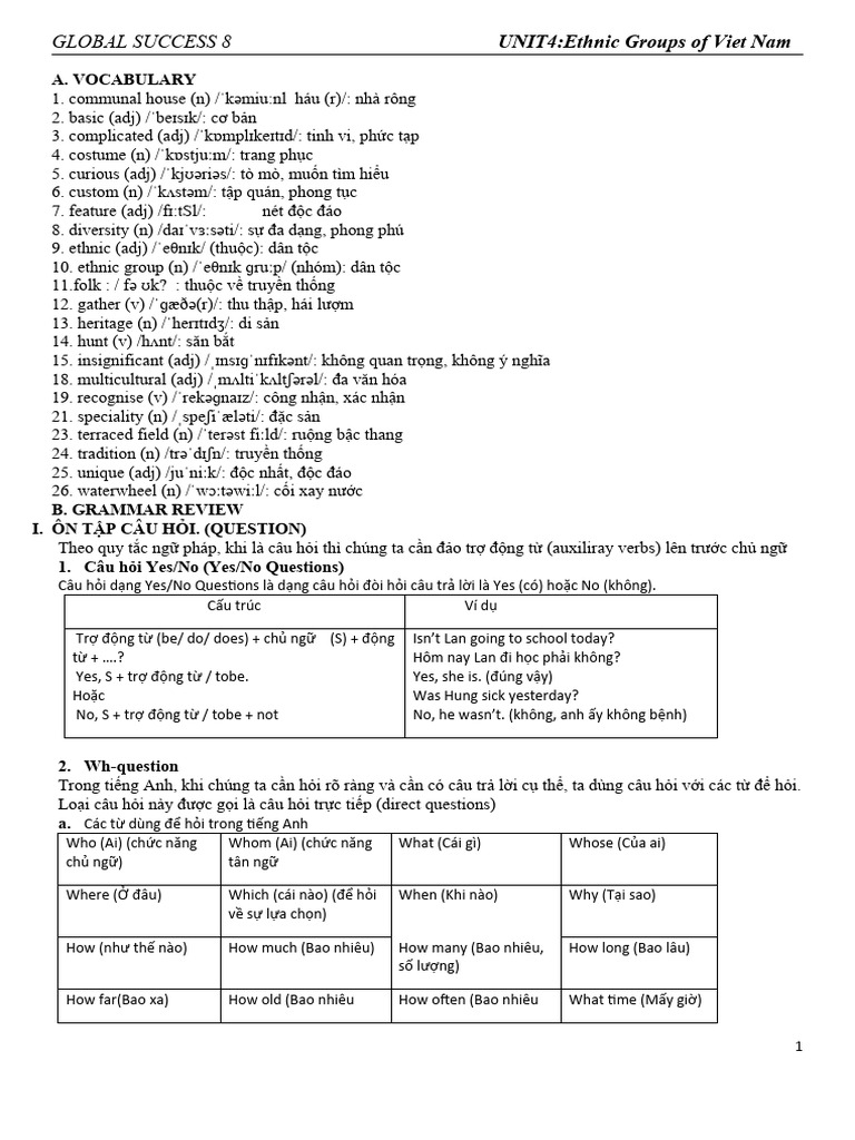 Bài tập bổ trợ anh 8 Global UNIT 4 (TV + NP) | PDF