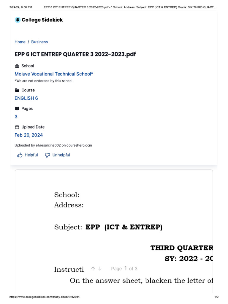 School: Address: Subject:: EPP 6 ICT ENTREP QUARTER 3 2022-2023 PDF ...