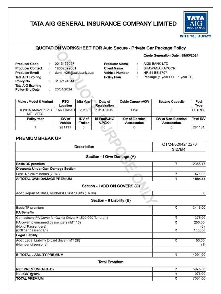 Tata AIG Motor Premium Quote - 3184 - QT - 24 - 6204242278 | PDF ...