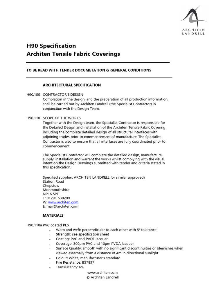 Architen Landrell H90 Tensile Fabric Structures Specification | PDF | Specification (Technical ...