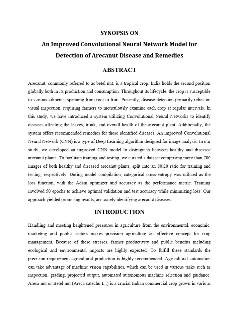 Synopsis Arecanut Disease Prediction Pdf Machine Learning Deep Learning