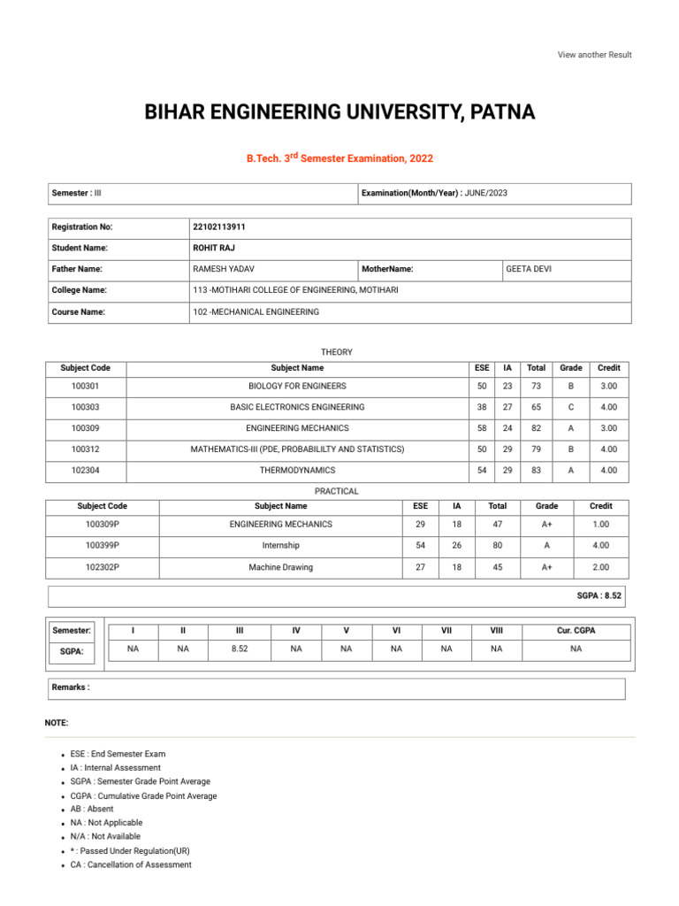 BEU B.Tech 3rd Sem Result 2022 | PDF | Science | Engineering