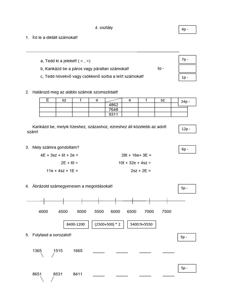 kimeneti mérés 4.o matematika | PDF