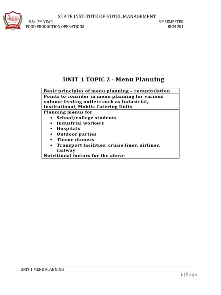 unit 1 topic 2 - Menu Planning (1) | PDF | Menu | Taste