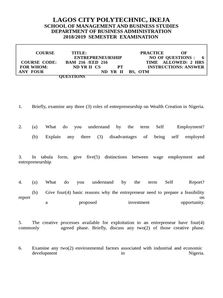 Practice of Entrepreneurship Bam 216 Eed 216 ND Yr 11 CS | PDF | Career & Growth | Business