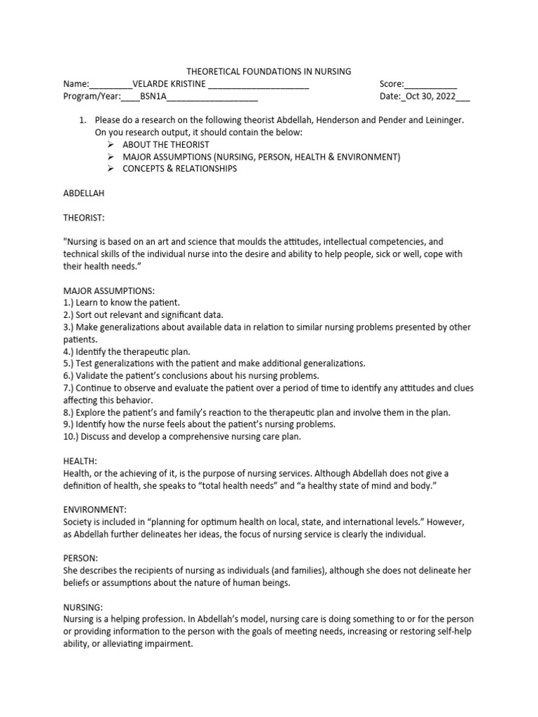 Nursing Theories: Key Concepts & Assumptions | PDF | Nursing ...