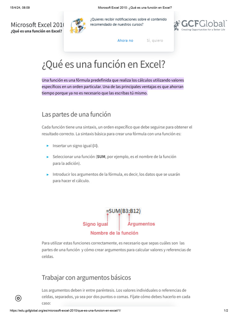 Microsoft Excel 2010_ ¿Qué es una función en Excel_ | PDF | Microsoft Excel | Informática