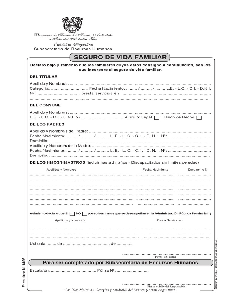 Formulario 14 98 Seguro de Vida Familiar | PDF | Documento de identidad ...