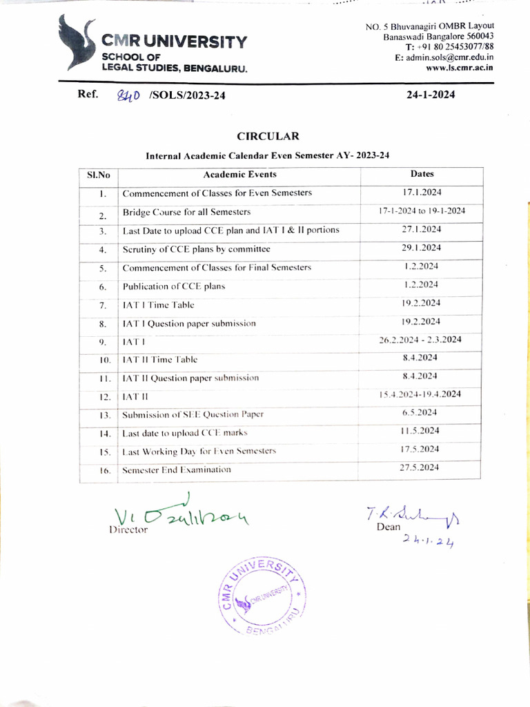 Internal Academic Calendar Even Semester A.Y 23-24 | PDF | Educational ...