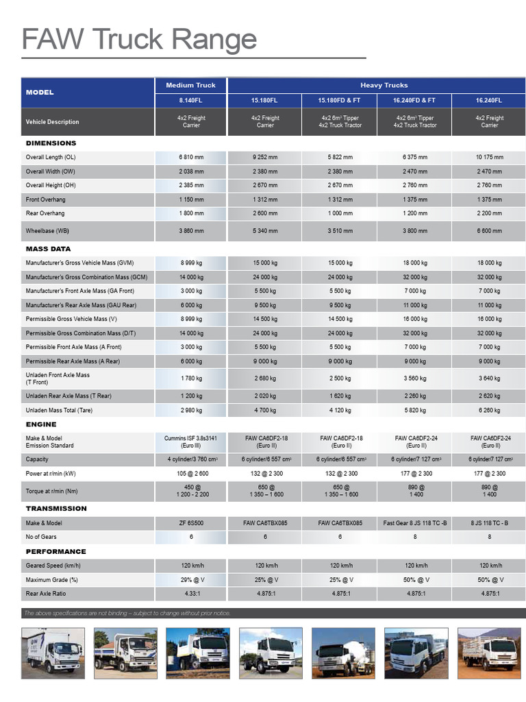FAW Specifications | PDF | Truck | Vehicles
