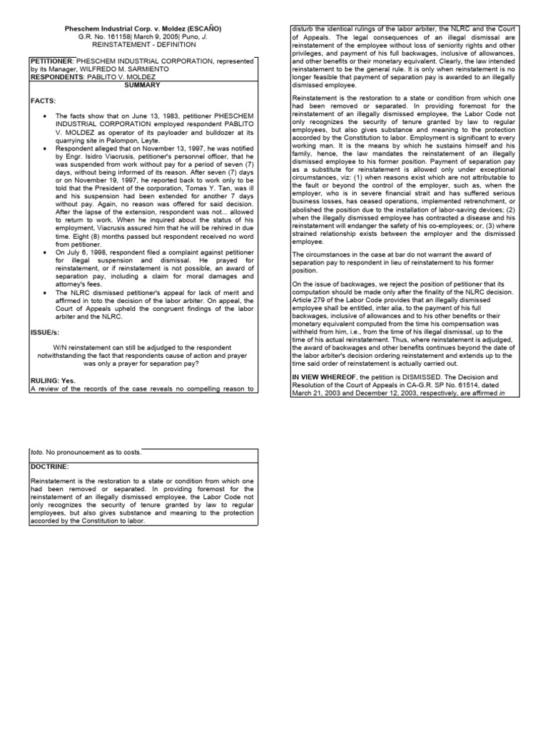 325 - Pheschem Industrial Corp. v. Moldez | PDF | Employment | Labour Law