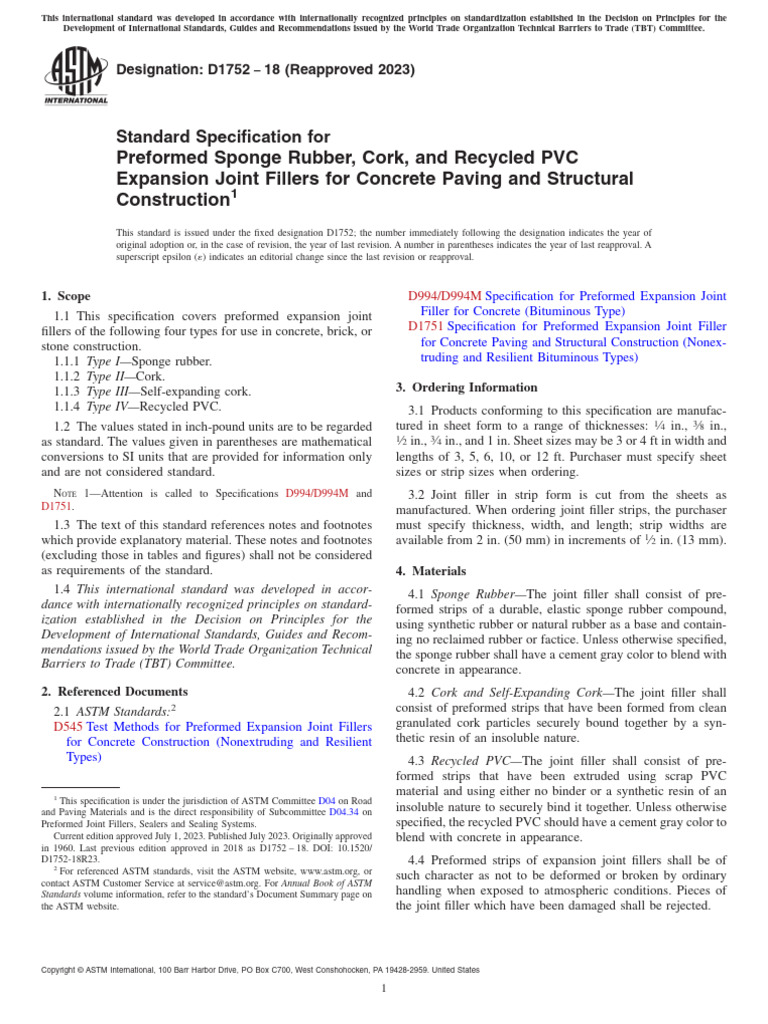 Preformed Sponge Rubber, Cork, and Recycled PVC Expansion Joint Fillers ...
