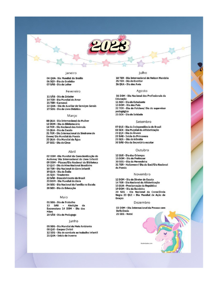Calendário Datas Comemorativas | PDF
