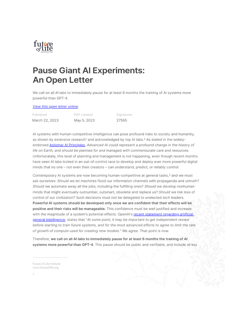 Open Letter to Pause Giant AI Experiments | PDF | Artificial ...