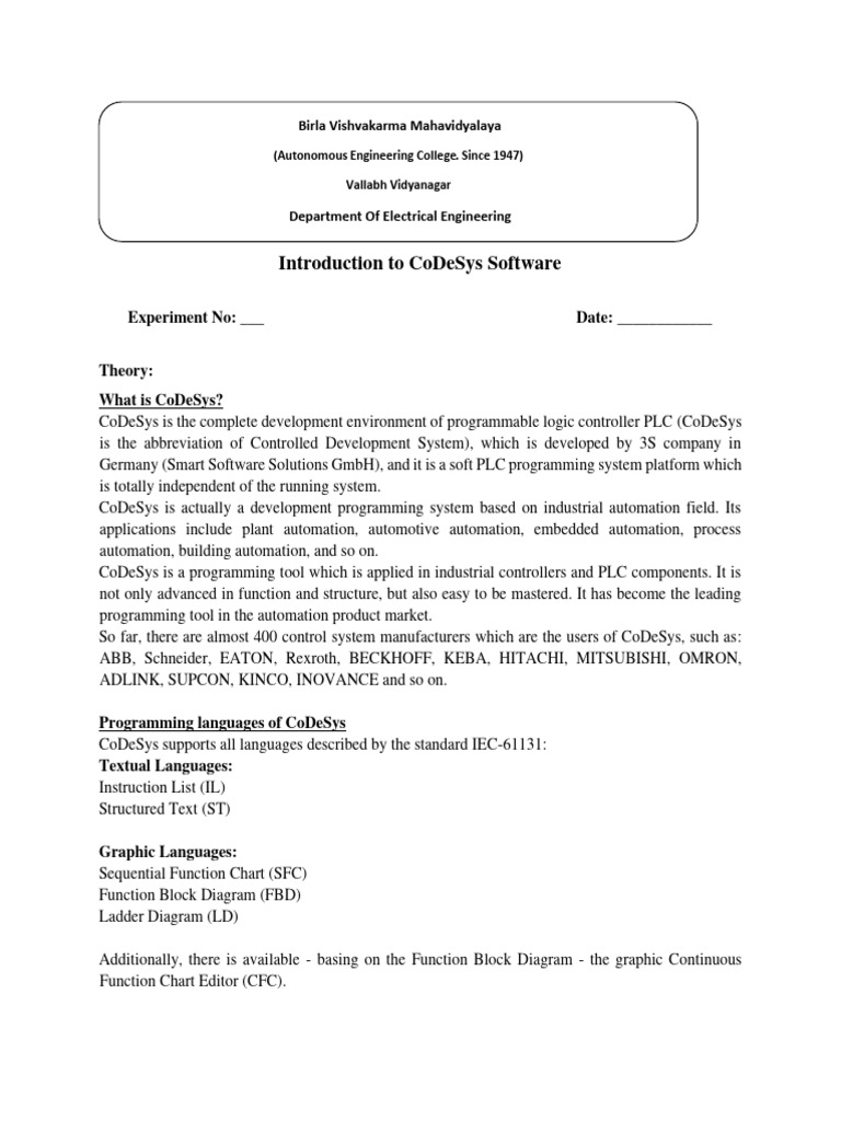 460957747 Exp 1 Introduction To Codesys Software Pdf Programmable Logic Controller Automation