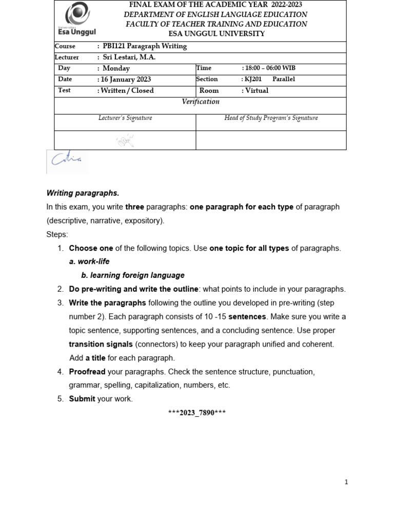 2022 Ganjil UAS Paragraph Writing Parallel 7890 Signed | PDF | Paragraph 2022 Ganjil UAS Paragraph Writing Parallel 7890 Signed | PDF | Paragraph