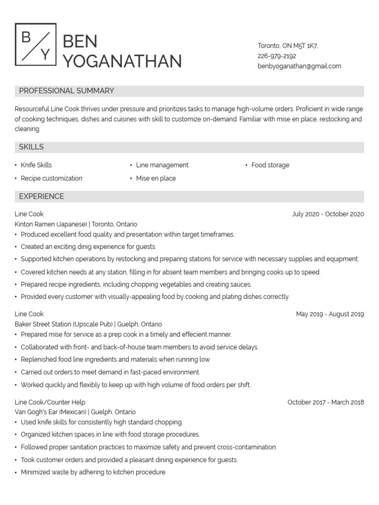 Line Cook Resume: Ben Yoganathan | PDF | Cooking | Kitchen