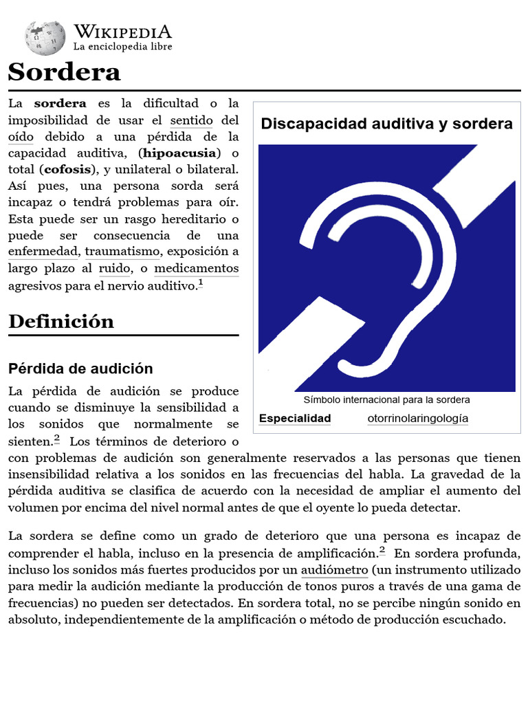 Sordera - Wikipedia, La Enciclopedia Libre | PDF | Audiología | Escuchando