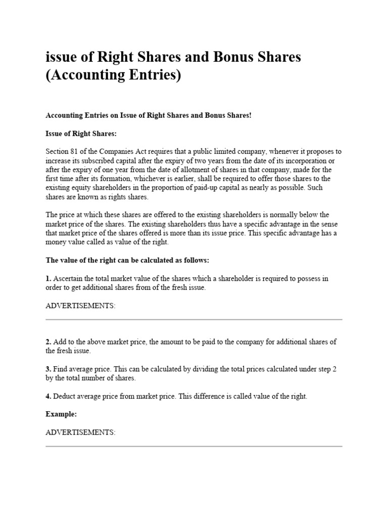 Issue of Right Shares and Bonus Shares | Download Free PDF | Equity ...