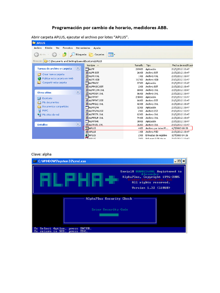 Programación Por Cambio de Horario, Medidores ABB.: Abrir Carpeta APLUS, Ejecutar El Archivo Por ...