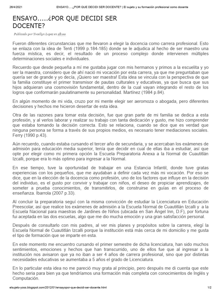 Ensayo Por Que Decidi Ser Docente | PDF | Maestros | Enseñando