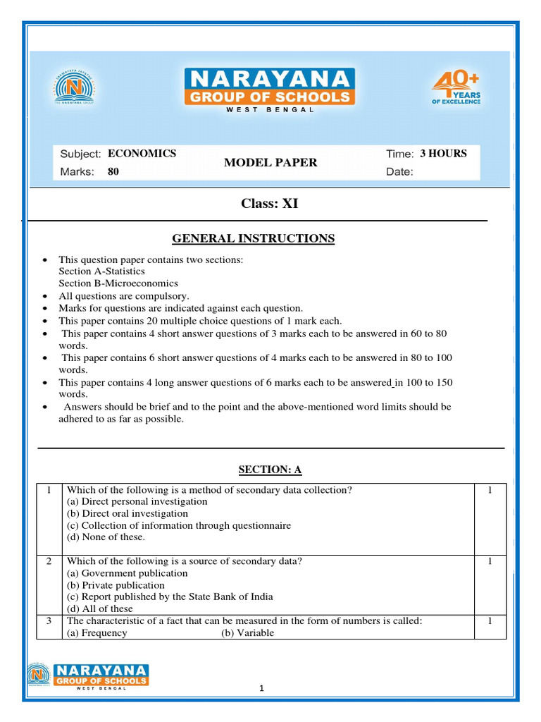 Class 11 Economics Model Paper | PDF | Demand | Price Elasticity Of Demand