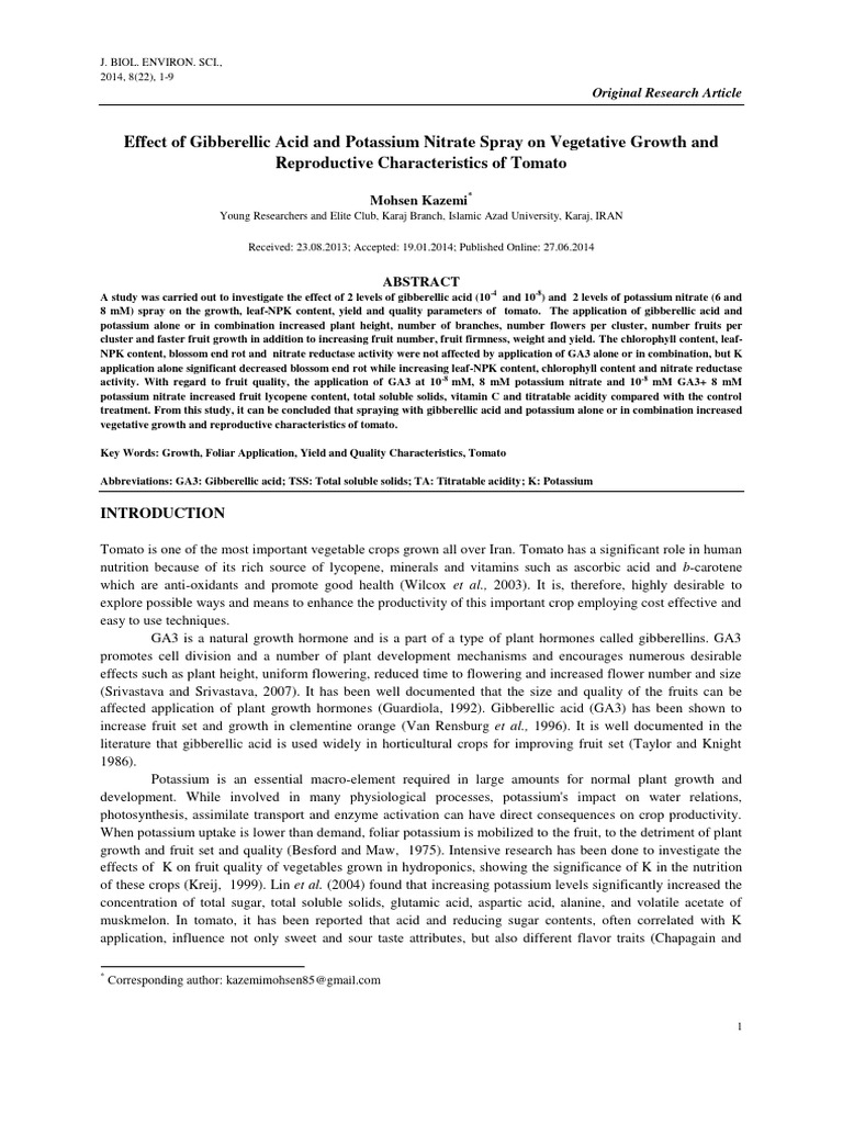 Effect of Gibberellic Acid and Potassium Nitrate Spray On Vegetative ...