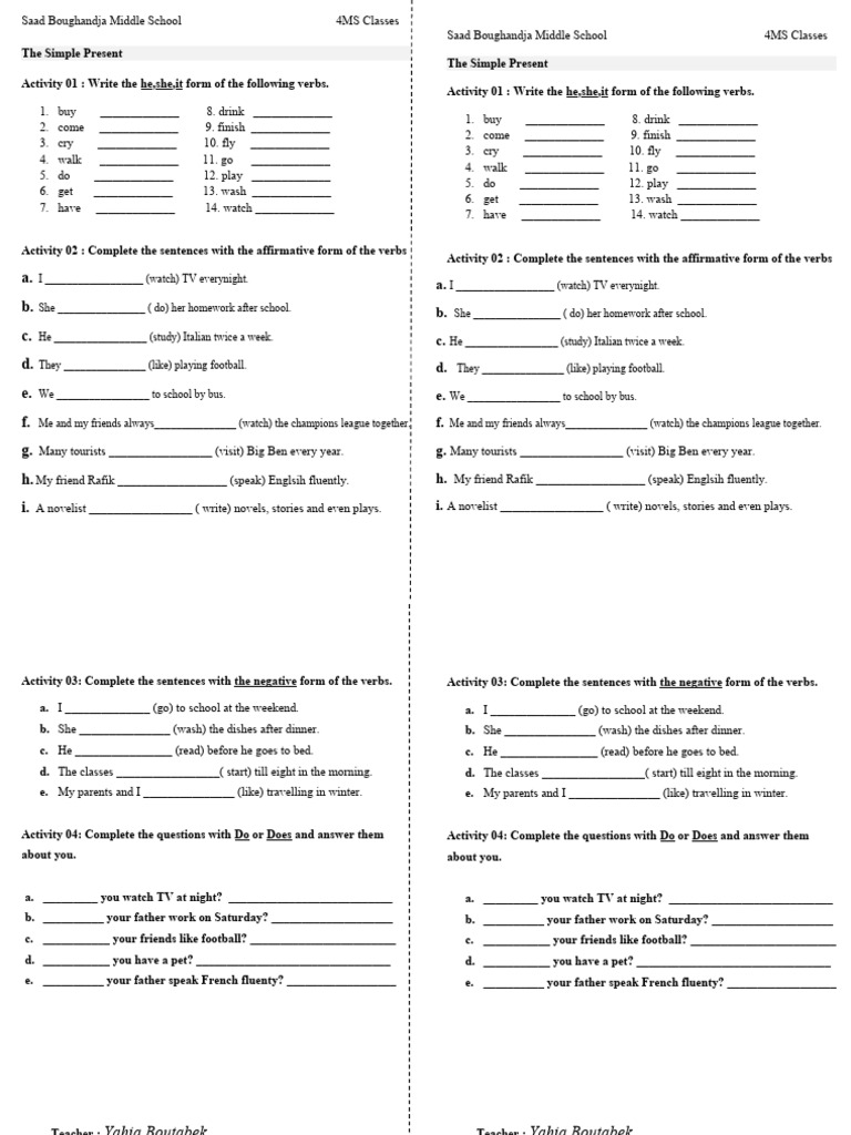 Simple Present Verb Activities for Students | PDF | Language Mechanics ...