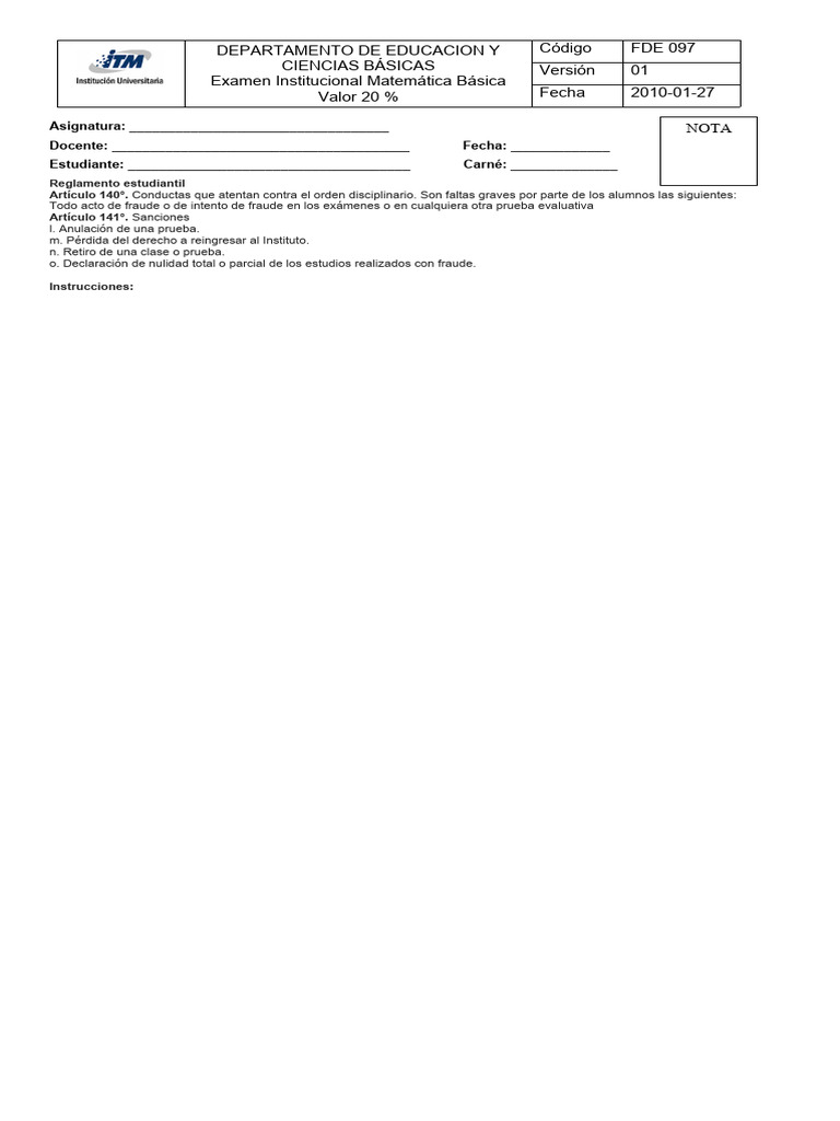 Examen Institucional Matemática Básica | PDF