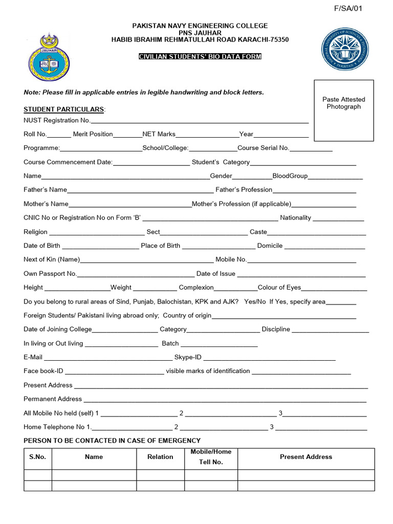 1 - Civilian Students Bio Data Form | PDF