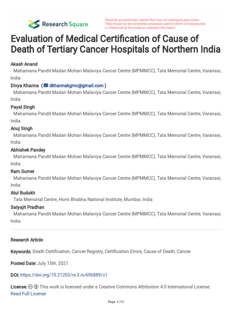 Evaluation of Medical Certi Cation of Cause of Death of Tertiary Cancer Hospitals of Northern ...