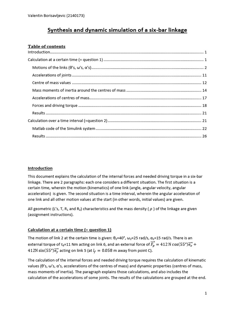 Kinematic and Dynamic Analysis of A Six-Bar Linkage | PDF | Kinematics | Force