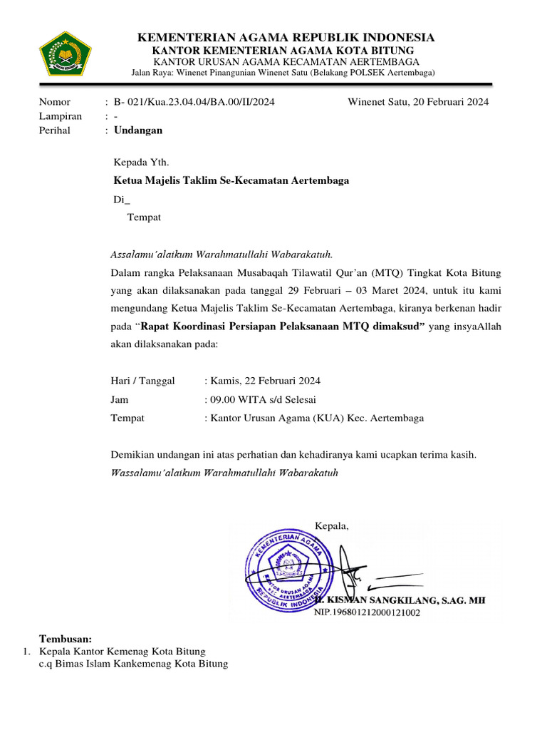 Undangan Rakor MTQ 2024 | PDF