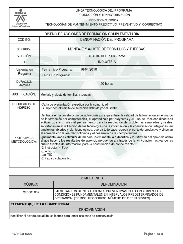 Informe Programa de Formación Complementaria | PDF | Tornillo