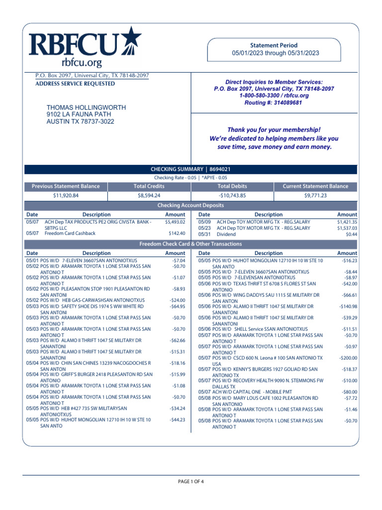 Thomas H 387508275-May-2023-RBFCU | PDF | Service Industries | Payments