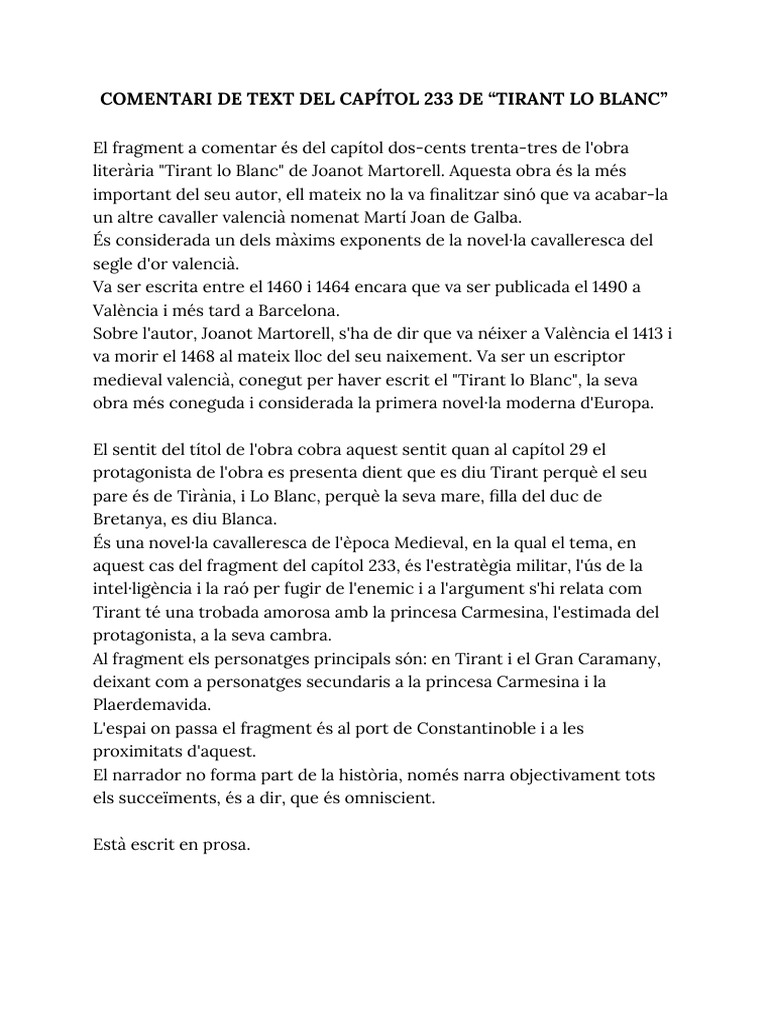 Comentari de Text Del Capítol 233 de "Tirant Lo Blanc" | PDF
